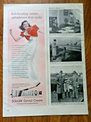 1940 Squibb Dental Cream Angle Toothbrush Ad Exhilarating Action | eBay