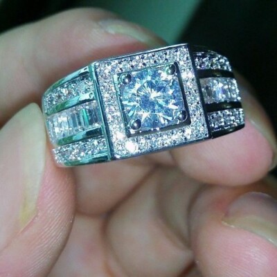 2CT Round Lab Created Diamond Men's Engagement Wedding Ring 14K White ...