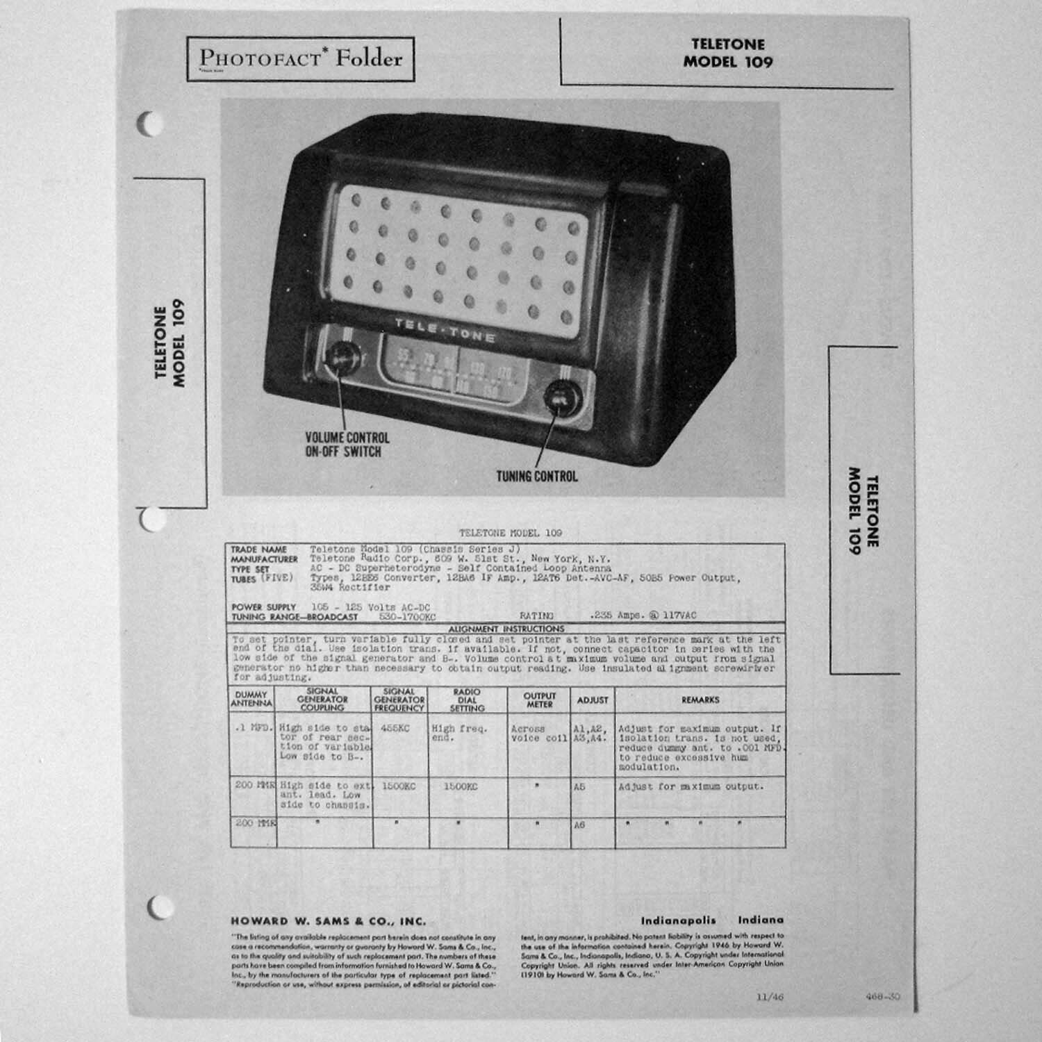 Teletone Model 109 AC DC Superhet Radio SAMS Photofact ™ 1946 - New NOS ...