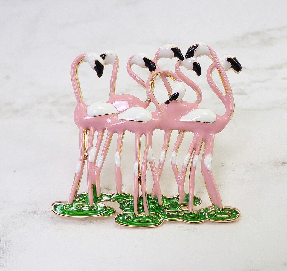 Pink flamingo pin brooch with multiple flamingos in pink and white ...