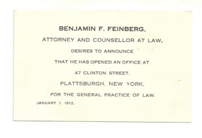 REPUBLICAN POLITICIAN - LAWYER BENJAMIN F. FEINBERG PLATTSBURGH NEW ...
