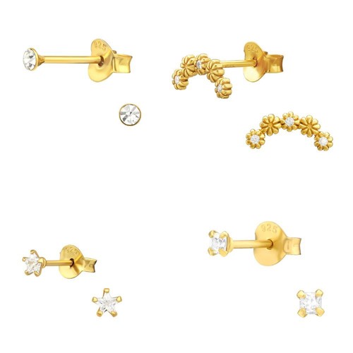 925 Sterling Silver 14K Gold Plated Crystal Star Round Daisy Chain Stud ...