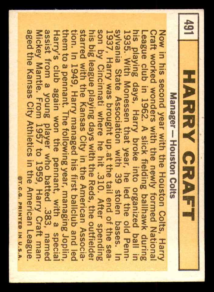 1963 Topps #491 Harry Craft MG Excellent+ MG | eBay