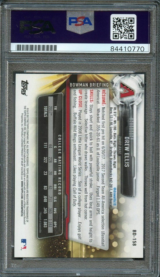 2017 Bowman Draft #BD-158 Drew Ellis Signed Card PSA Slabbed Auto Grade ...