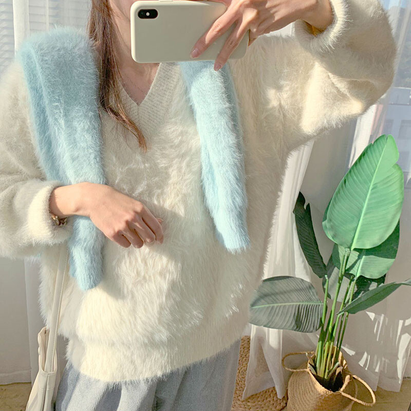 Women Faux Mohair Fur Knitted Top Pullover Sweater Jumper Blouse V-neck ...