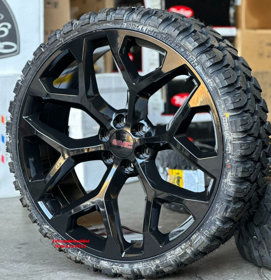 26'' Snowflake Gloss Black Wheels 33'' MT Tires fit Sierra Silverado ...