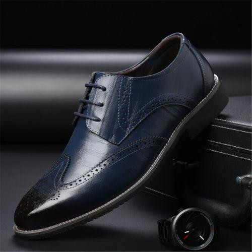 Mens Leather Pointed Toe Brogues Formal Office Casual Lace Up Oxford ...