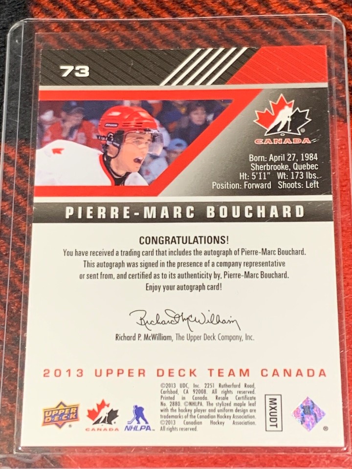 2013 UD TEAM CANADA AUTOGRAPH #73 PIERRE MARC BOUCHARD BLACK SIGNATURES ...