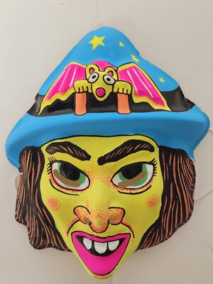 Vintage Witch Halloween Mask Bat Hat 1970s 1980s Green Topstone ...