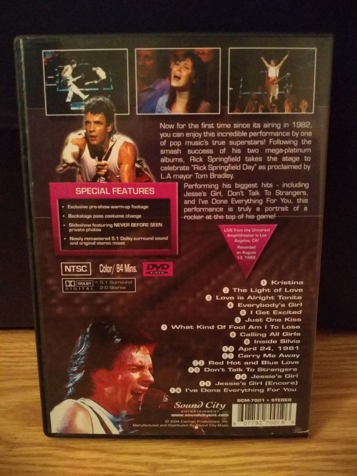 Rick Springfield DVD + Insert 1982 Live And Kickin' RARE OOP Sound City ...