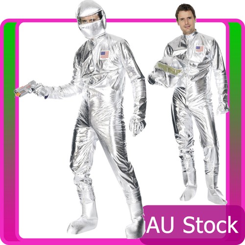 Mens Spaceman Costume Adult Astronaut Fancy Dress Space Man Nasa Silver ...