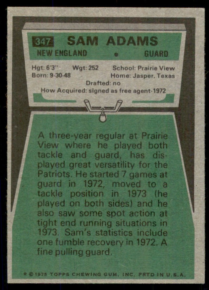 1975 TOPPS SAM ADAMS RC NEW ENGLAND PATRIOTS #347 NM-MT | eBay
