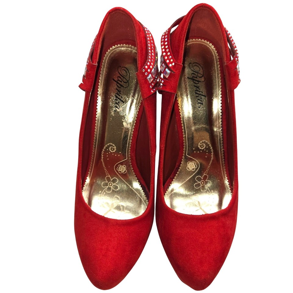 Paprika 6 Women's Dress Shoes Red 5 inch Heels Platform Rhinestones ...