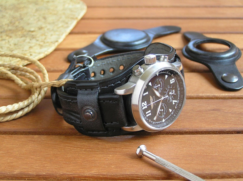 Leather Watch Strap 22mm Black Wrist watch Bund Band Cuff Bracelet Two ...