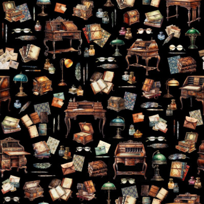 Bookworm Writing Desks and Motifs Black 30447-J Cotton Quilting Fabric ...
