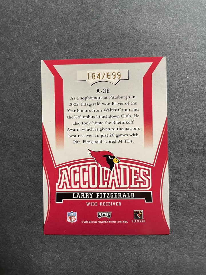LARRY FITZGERALD 2005 PLAYOFF HONORS ACCOLADES 2ND YEAR CARD A-36.#184/ ...