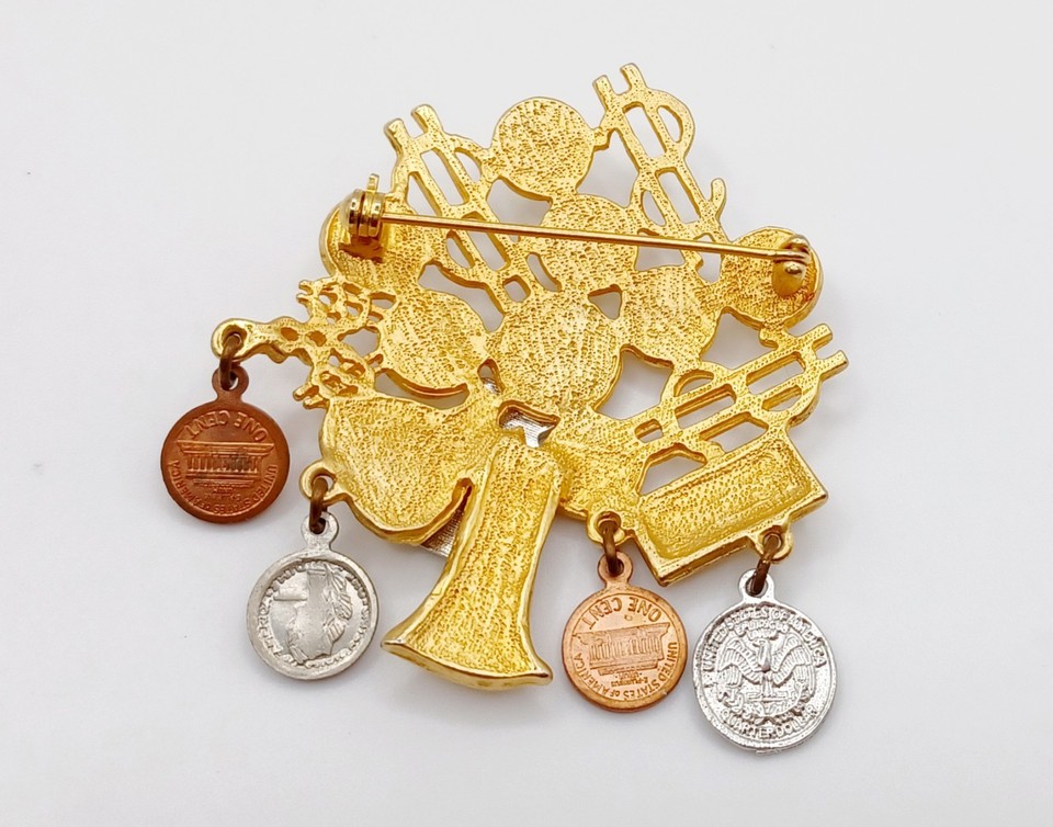 Vintage Money Grows on Trees Brooch Pin Dangling Coin Charms Pin Gold ...