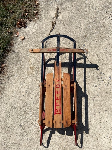 VINTAGE 40"L GLADDING SPEEDY Wood Snow Sled Toboggan, RED Metal Rails ...