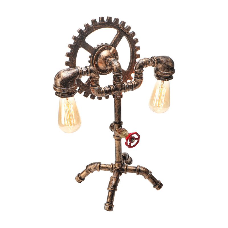 Industrial Steampunk Pipe Table Lamp Vintage 2 Lights Desk Lamp Gear ...