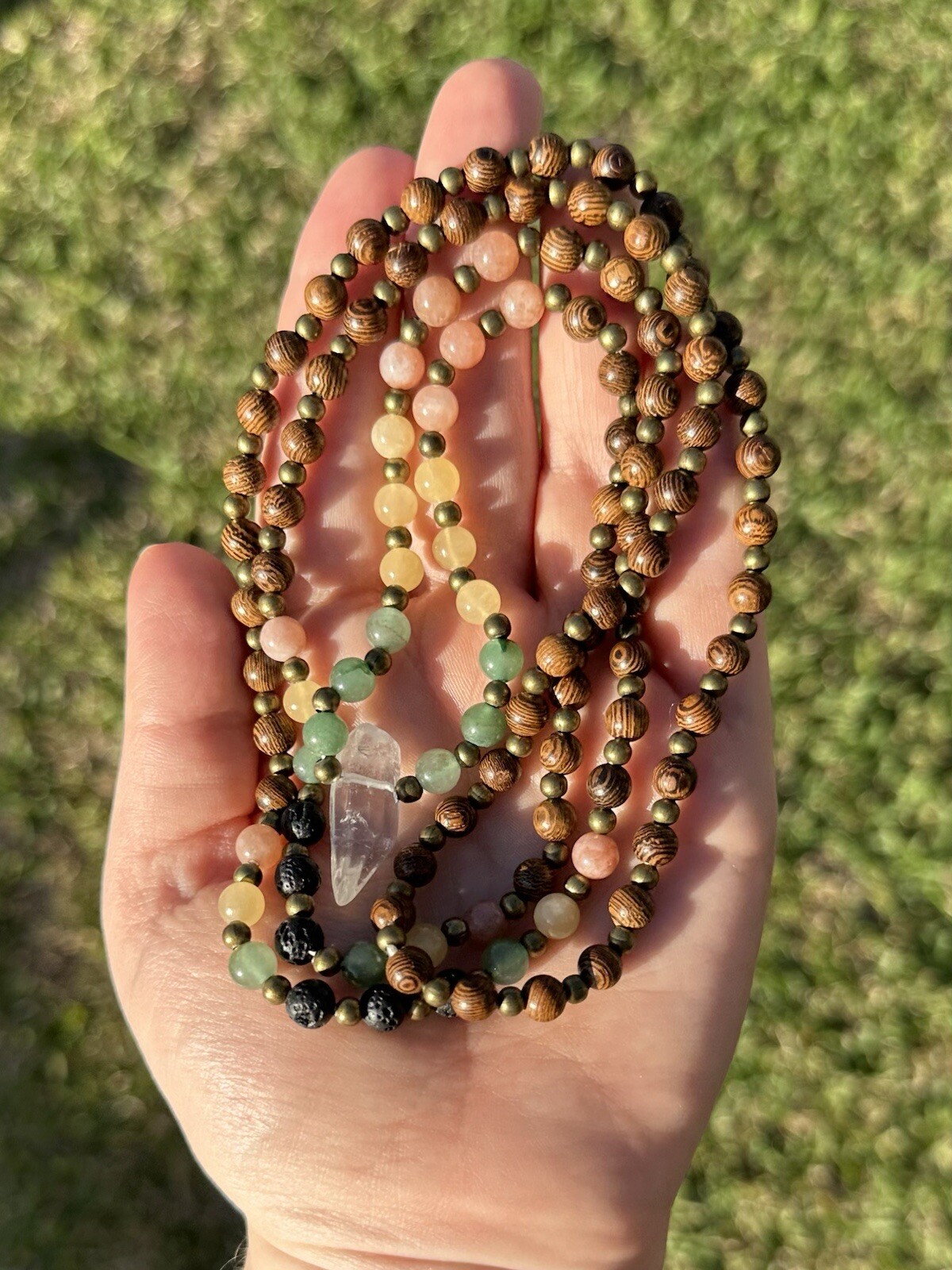 Aventurine Calcite Sunstone Lava Quartz Gemstone and Wood 108 Mala ...