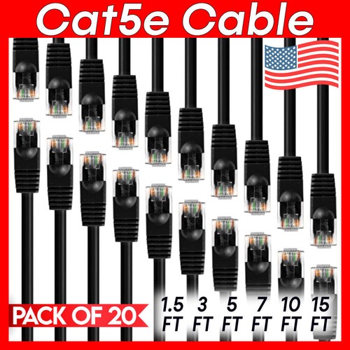 20 PACK Cat5e Cable Black Cat 5 Patch Cord Ethernet RJ45 Connectors LAN ...