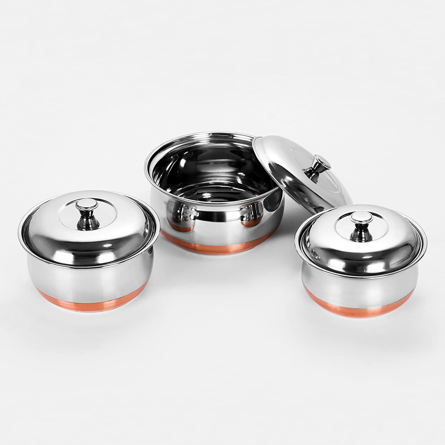 Stainless Steel Copper Bottom Handi Pot with Lid (Silver) - 3 Pcs Set ...