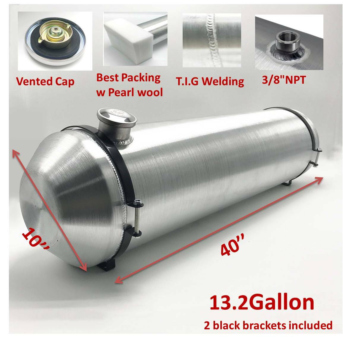 New Aluminum Round Gas Tank Fuel Tank 10x40 13.2 Gallon End Fill 3/8 ...
