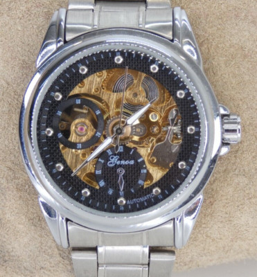 Genoa Skeleton Automatic Wrist Watch Mens Mechanical Wind Up Silver ...