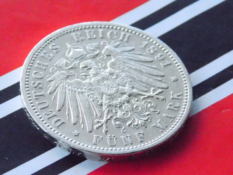 GERMAN 5 Mark 1891 A PRUSSIA EMPIRE KAISER WILHELM II. 90% Silver Coin ...