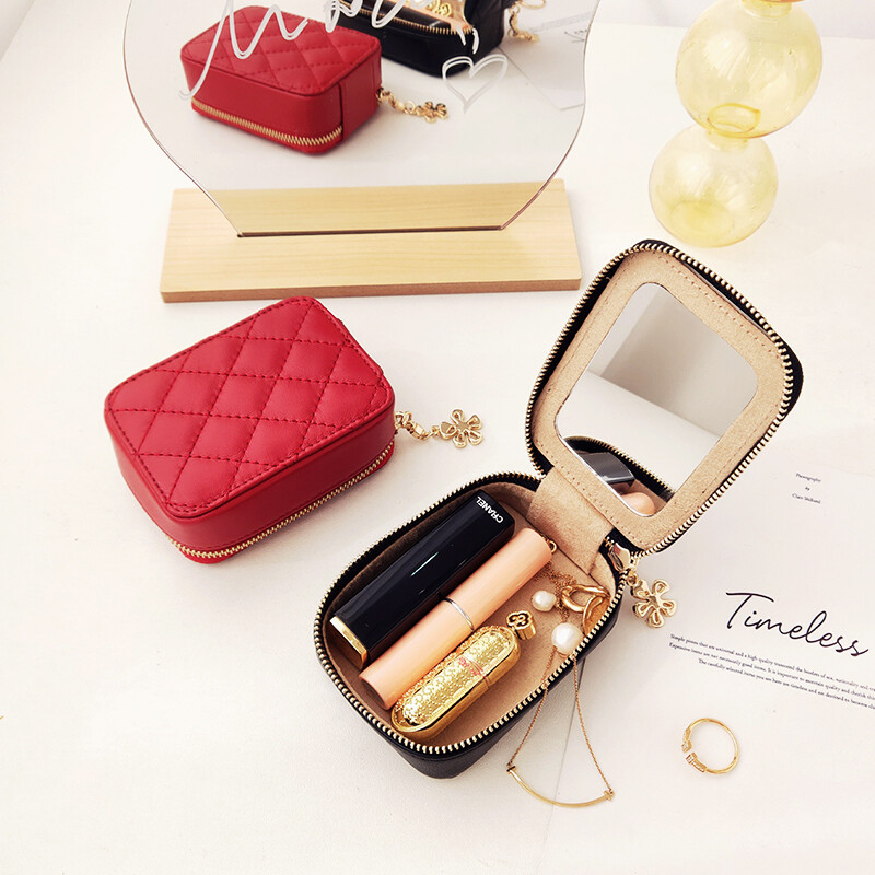 Genuine Leather Portable Lipstick Cosmetic Bag With Mirror Mini Makeup ...