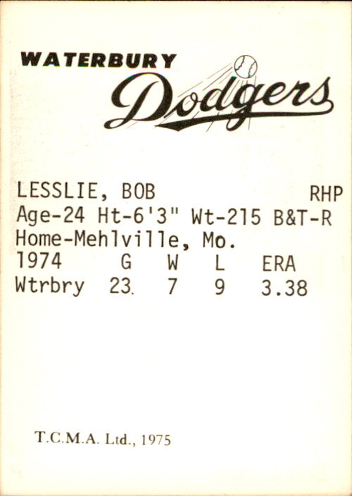 1975 Waterbury Dodgers TCMA #12 Bob Lesslie Mehlville Missouri MO ...
