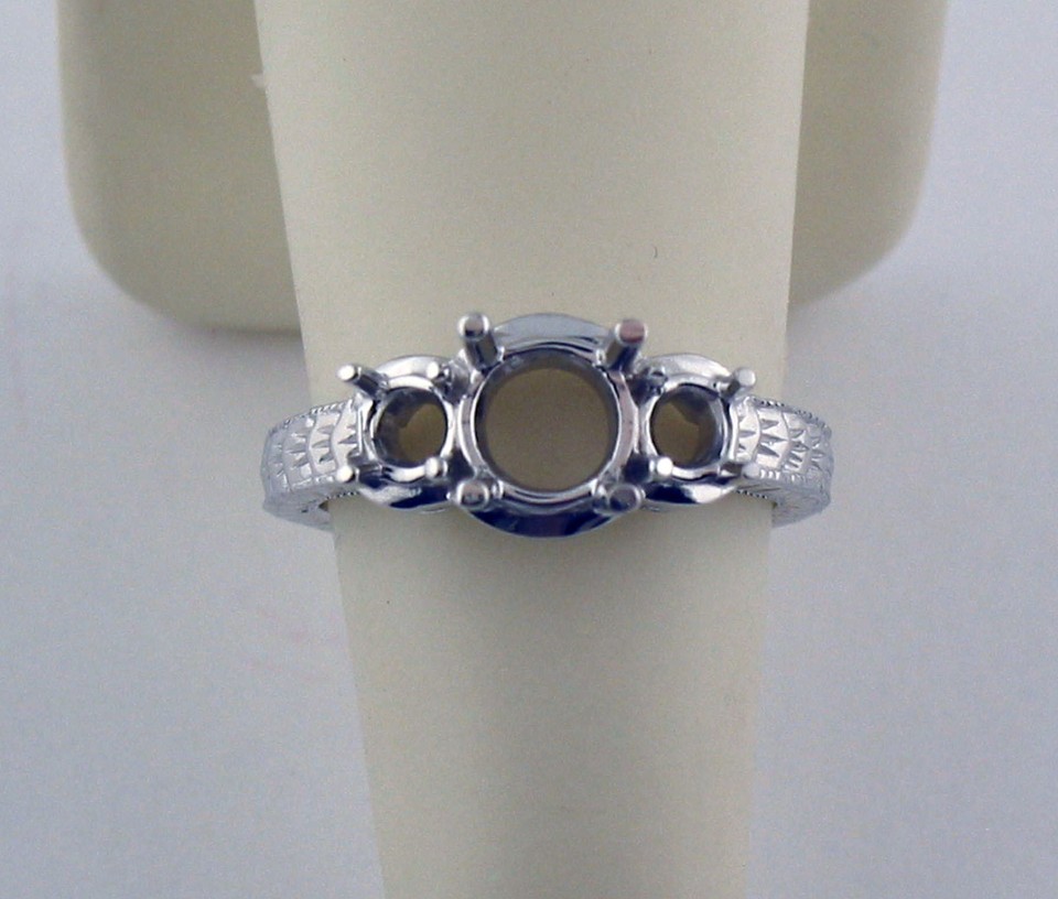 3 Stone Ring Mount Antique Style 14K White Gold For 1 Ct Center and ...