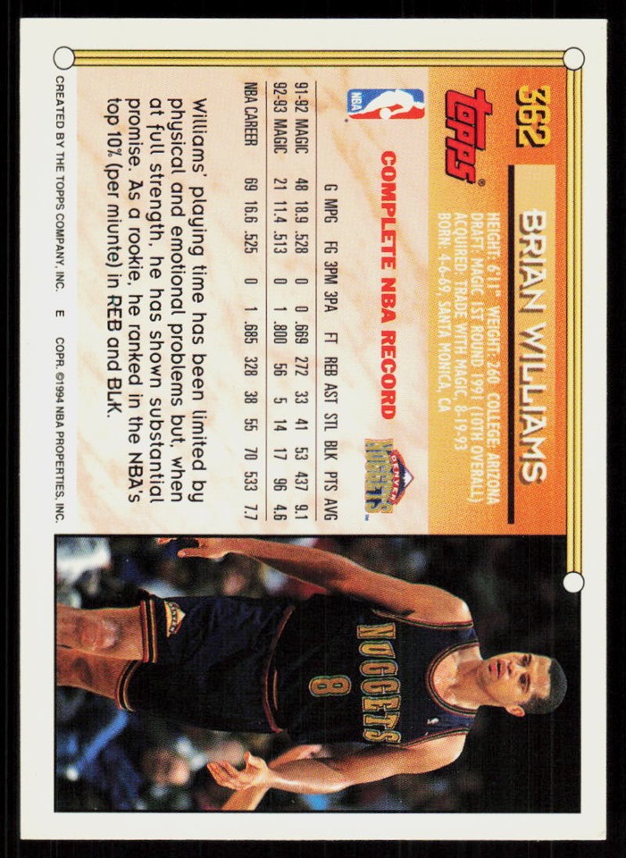 1993 Topps Brian Williams #362 Basketball Denver Nuggets | eBay
