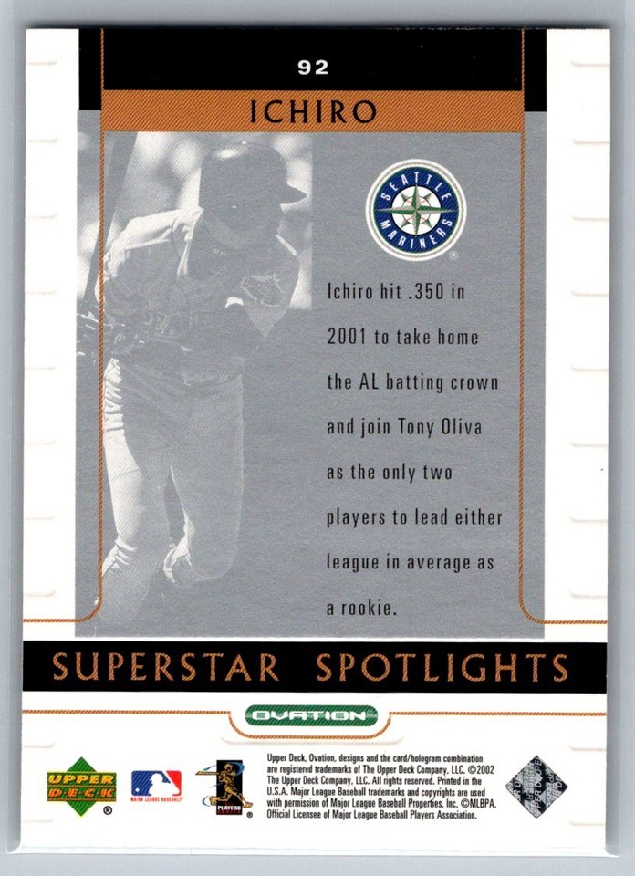2002 Upper Deck Ovation #92 Ichiro Suzuki Seattle Mariners Baseball ...