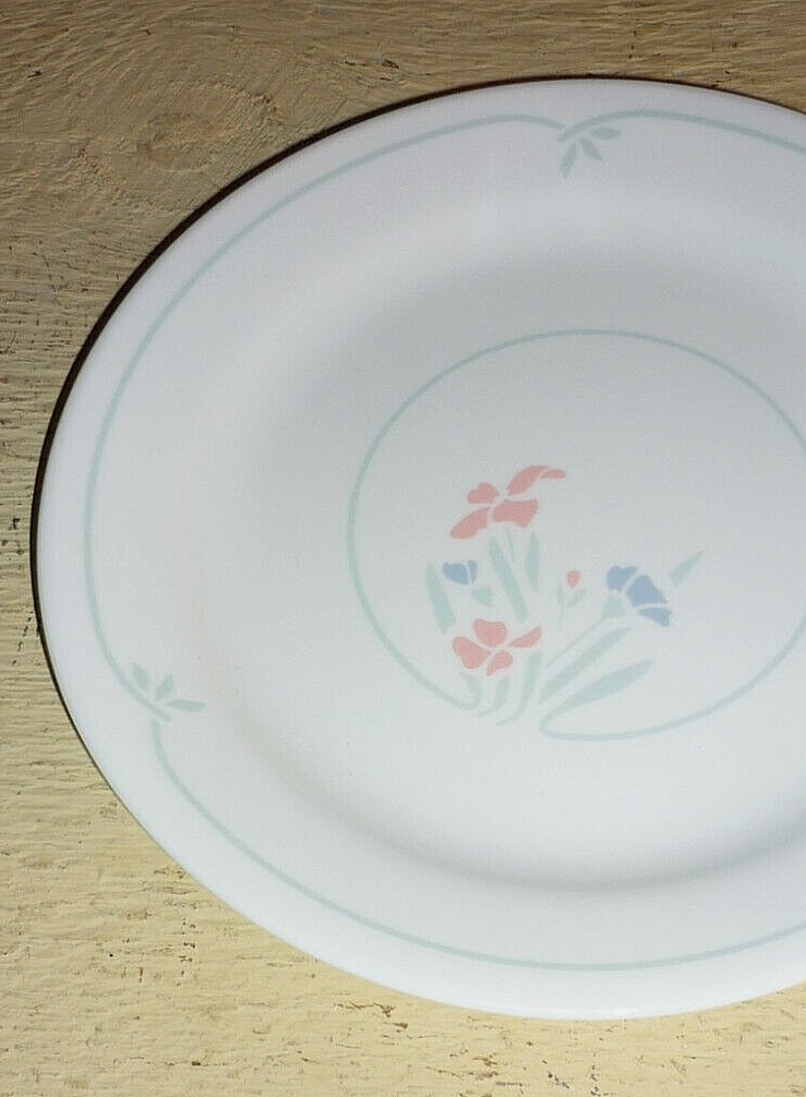 2 Corelle PLATES by CORNING. PINK & BLUE FLOWERS at center on IVORY 7 1 ...