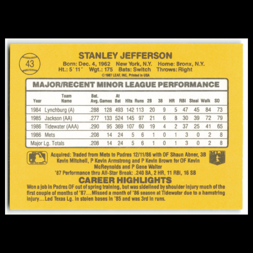 Stan Jefferson Rookie #43 1987 Donruss The Rookies San Diego Padres ...