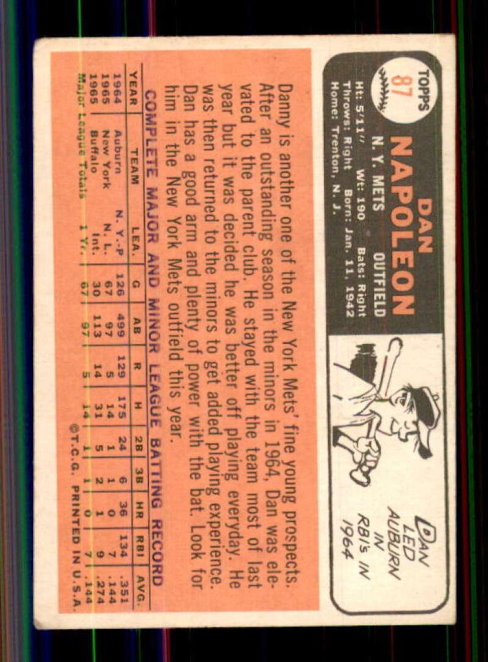1966 Topps #87 Dan Napoleon VG Mets 226711 | eBay