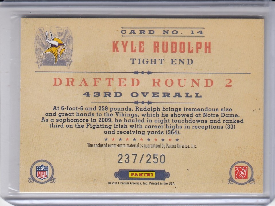KYLE RUDOLPH 2011 Timeless Treasures Rookie Recruit Materials 237/250 ...