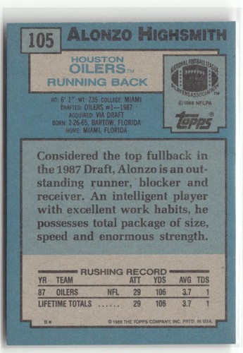 1988 TOPPS #105 ALONZO HIGHSMITH HOUSTON OILERS RC | eBay