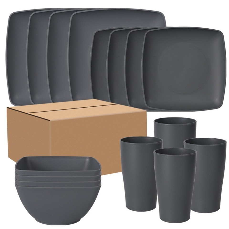 16pcs/Set Reusable Plastic Dinnerware Set Square Dinner Plate Set Steak ...