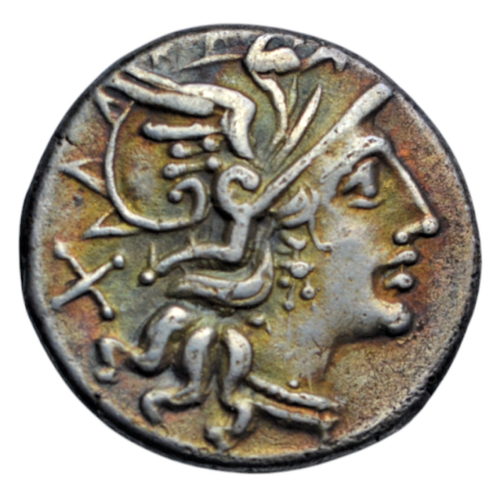 Roman Republic, Decimus Flavius, silver denarius 150 BC, Roma/Diana ...