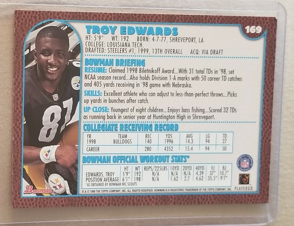 1999 Bowman #169 Rookie Pittsburgh Steelers Troy Edwards Football Card ...