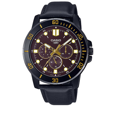 Casio Watch Men 43mm Analog Black Leather Band Subdial Day, Date Water ...