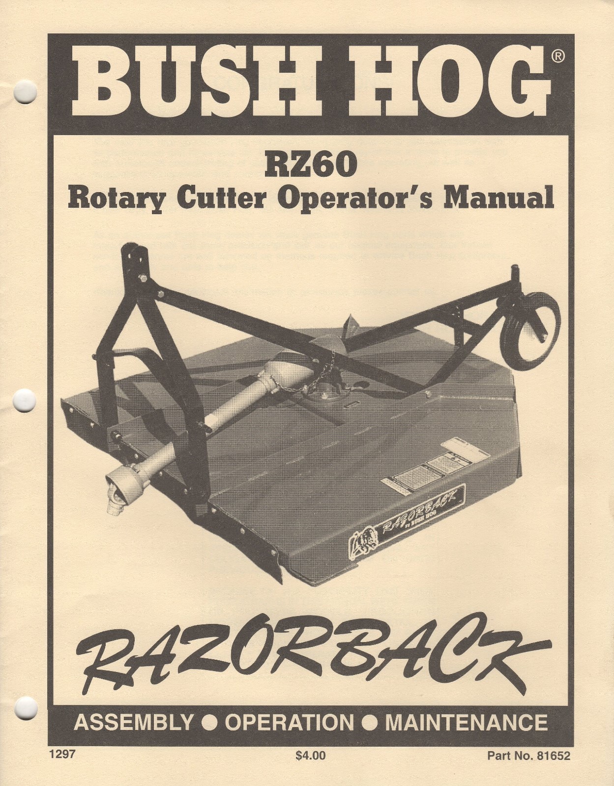 1998 BUSH HOG ROTARY CUTTER RZ60 RAZORBACK OPERATOR MANUAL 81652 (520 ...