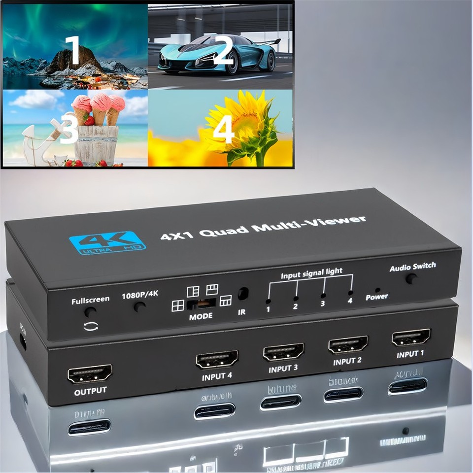 4x1 HDMI Quad Multi-Viewer Split Screen IR Remote for TV Gaming ...