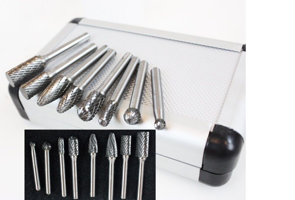 NEW 8PC DOUBLE CUT CARBIDE ROTARY BURR SET WITH ALUMINUM CASE 1/4 ...