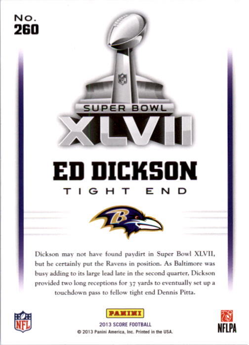 2013 Score Scorecard Baltimore Ravens Football Card #260 Ed Dickson RSB ...