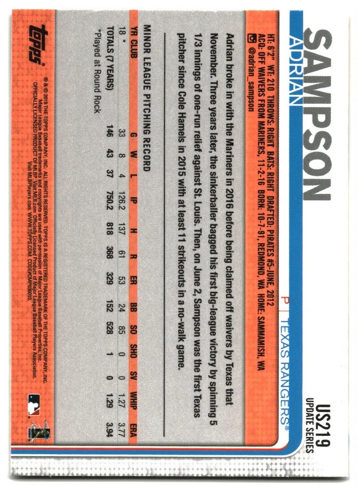 2019 Topps Update Adrian Sampson Rookie Texas Rangers #US219 | eBay