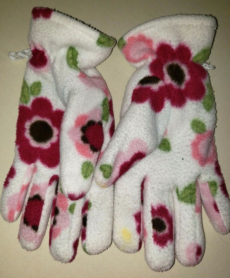 girls white fleece WINTER GLOVES ages 11 to 13 LARGE PURPLE FLOWERS ...