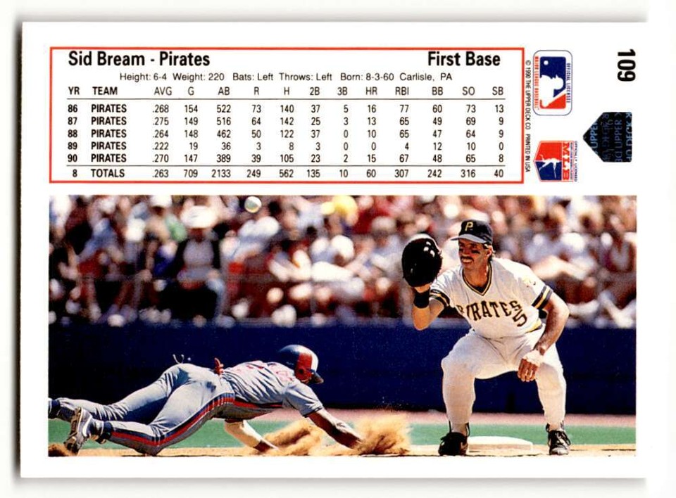 1991 Upper Deck #109 Sid Bream Pittsburgh Pirates Baseball Cards NM ID ...